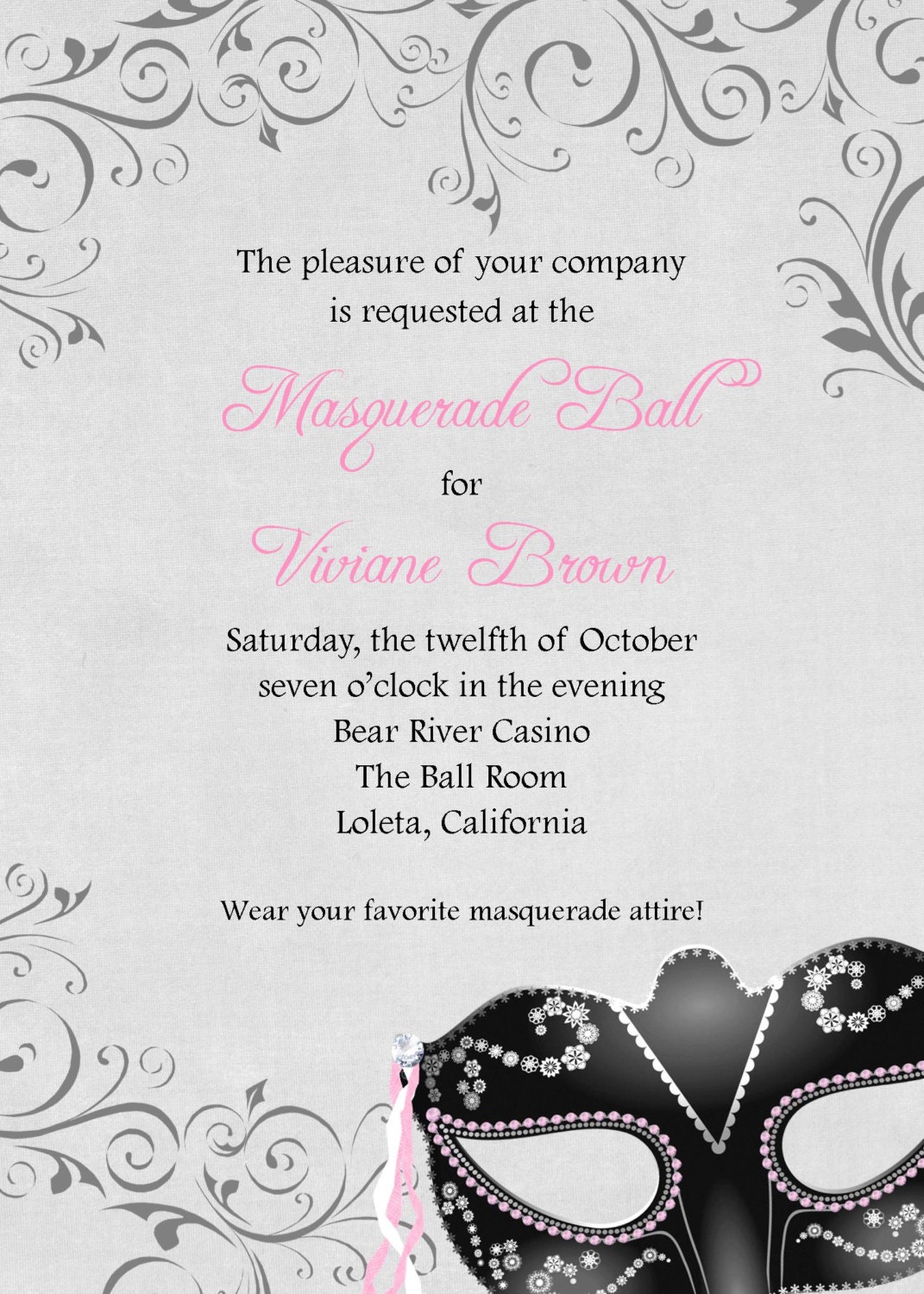 Masquerade Ball Invitation 5"x7" Mask With Grey and Pink | Masquerade ...