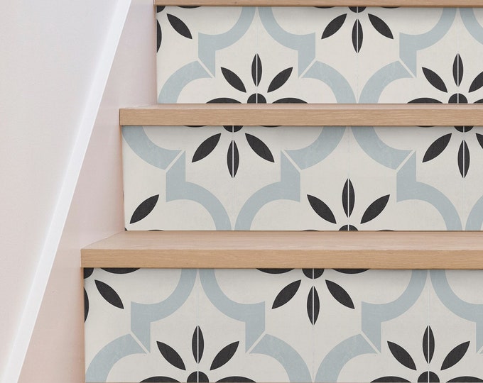 10 Step Stair Riser Decal, White and Blue Decorative Tiles Stair ...