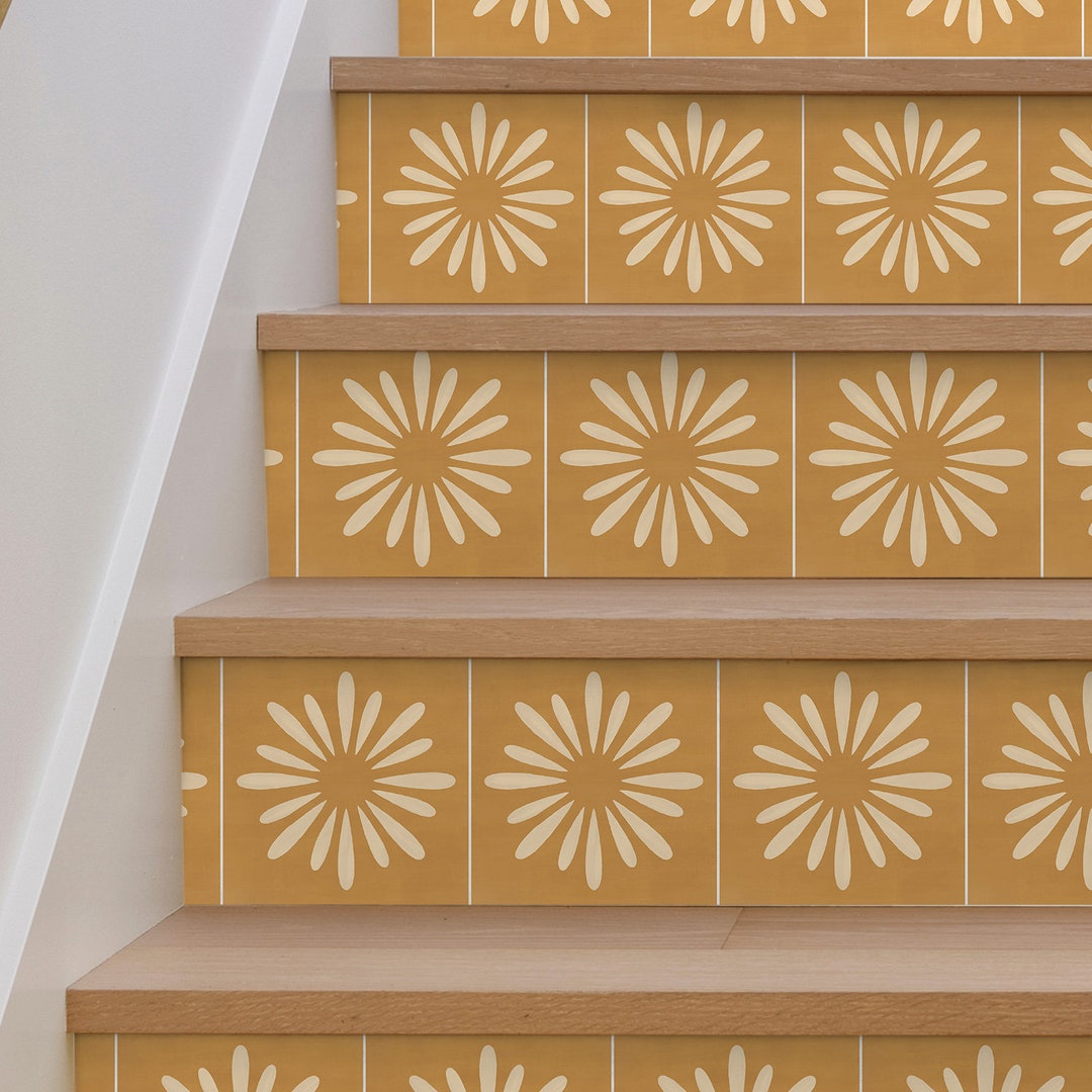 Boho Floral Mustard Stair Riser Stickers - Pack of 6 Removable Stair ...