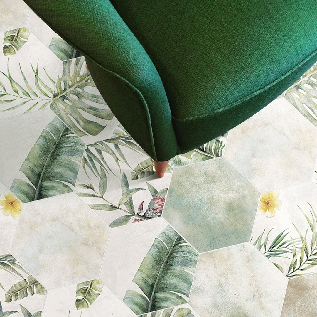 Tropical Green Hexagon Floor Tile Sticker Panel, Peel and Stick Decal ...