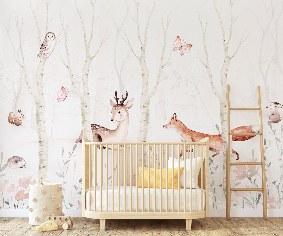 Woodland Animals Wallpaper Mural: Neutral Forest Nursery Decor. - Etsy