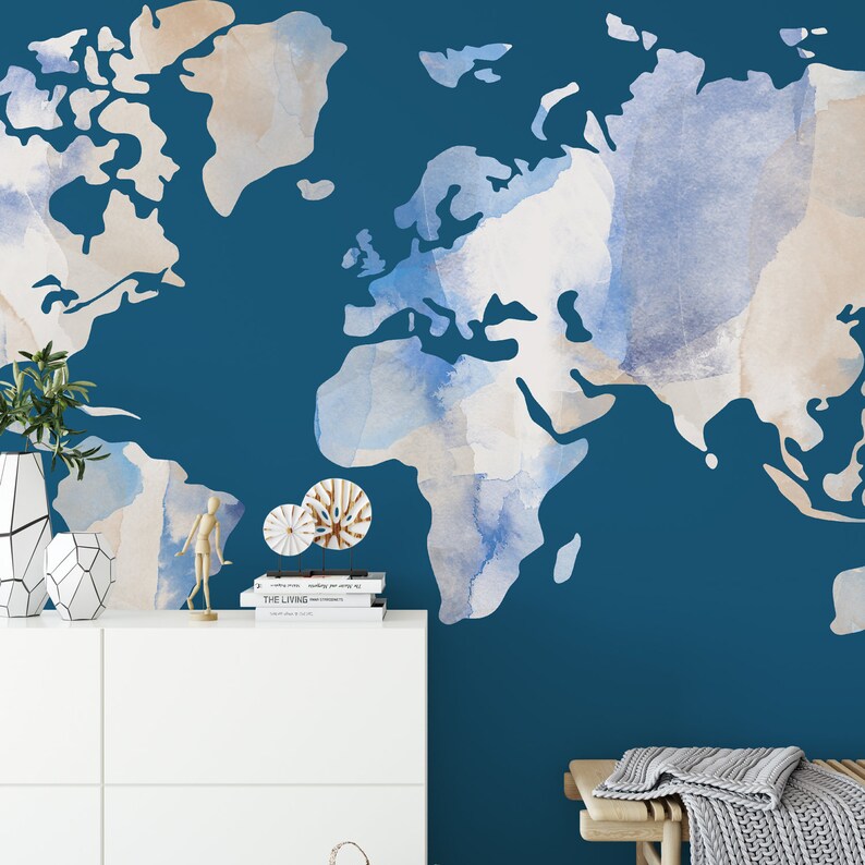 Watercolour World Map Wall Sticker Modern Room Decor - Etsy