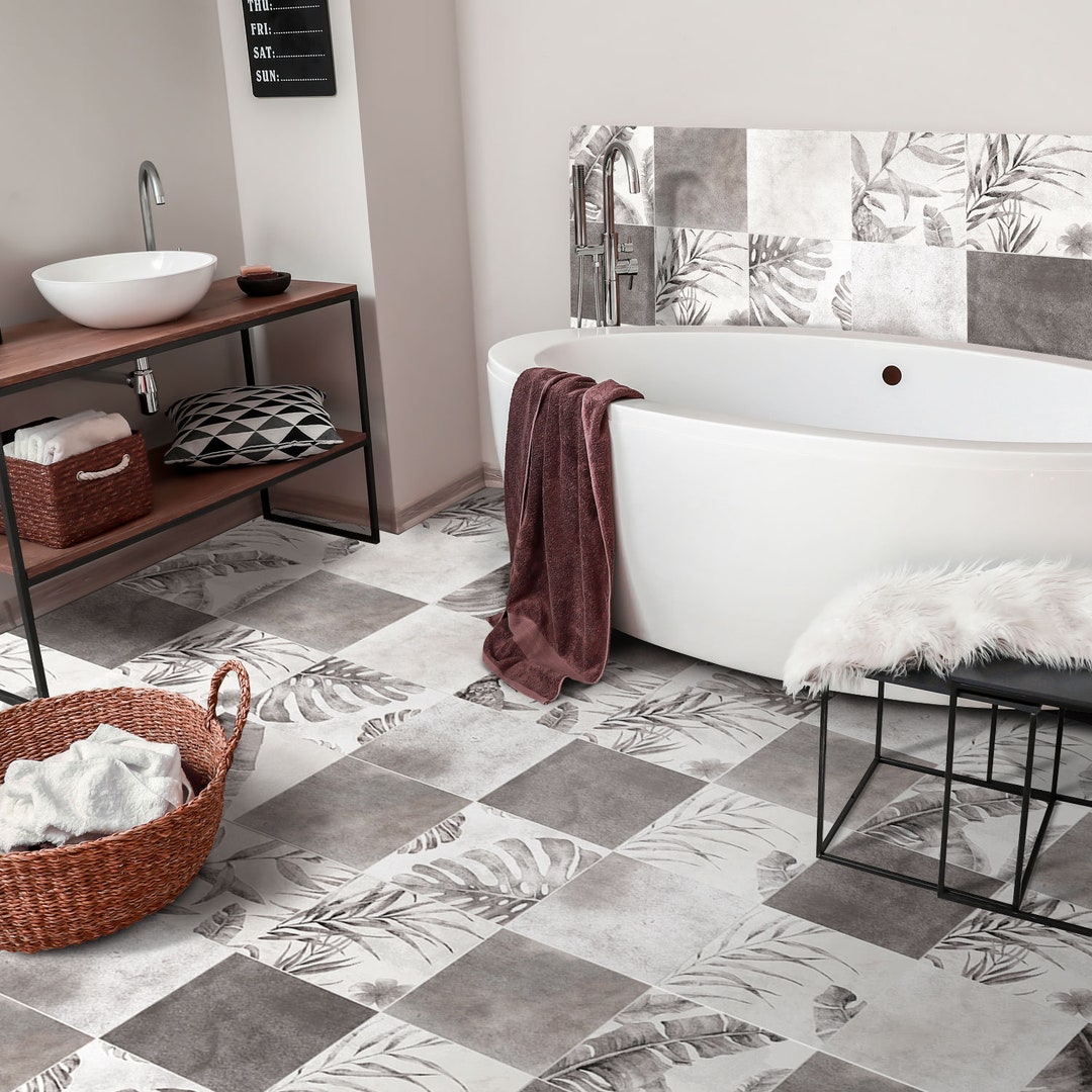 Tropical Grey Floor Tile Sticker Panel, Peel and Stick Decal, Vinyl ...