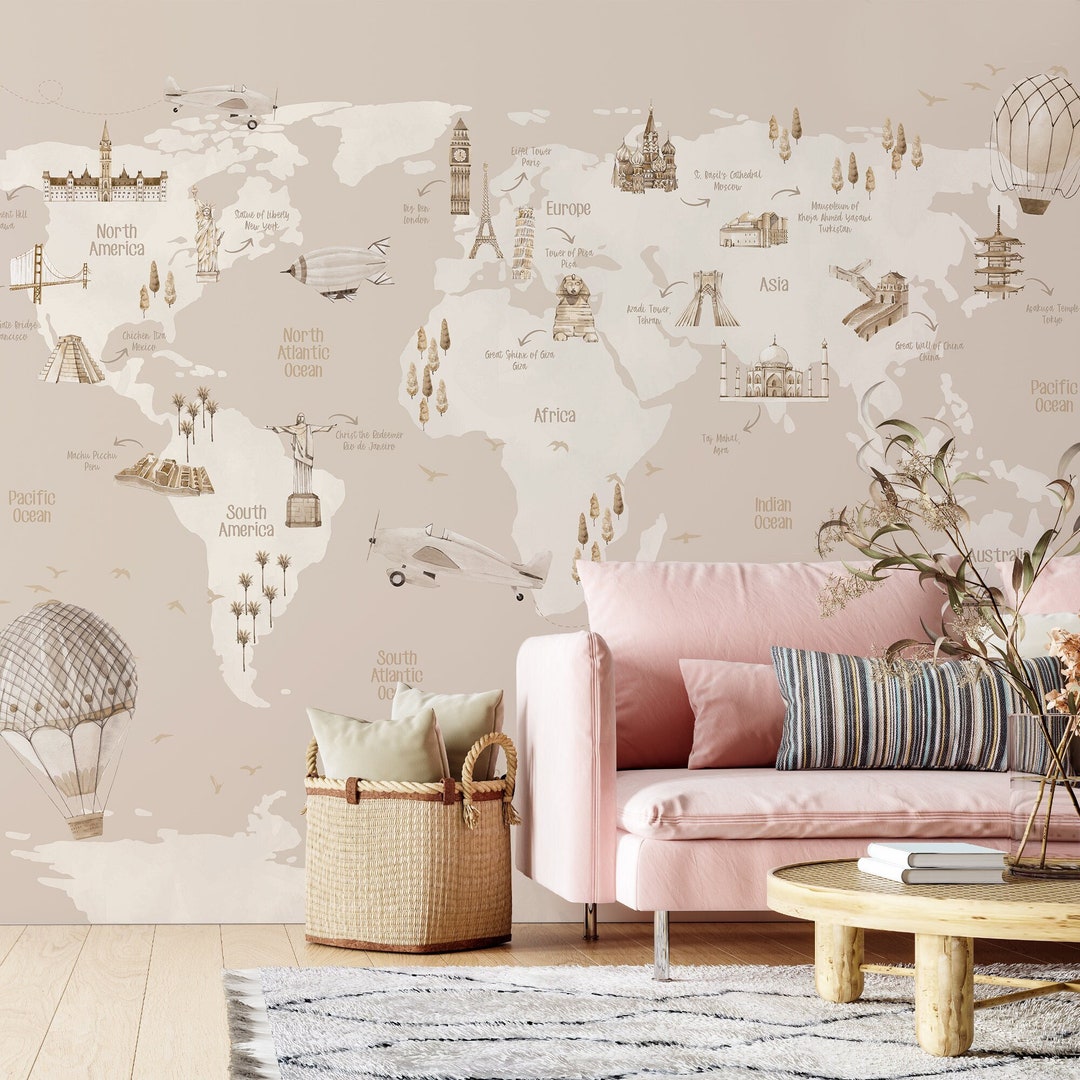 Map Wallpaper Landmarks World Map Wall Mural Hot Air Balloon Wall Cover ...