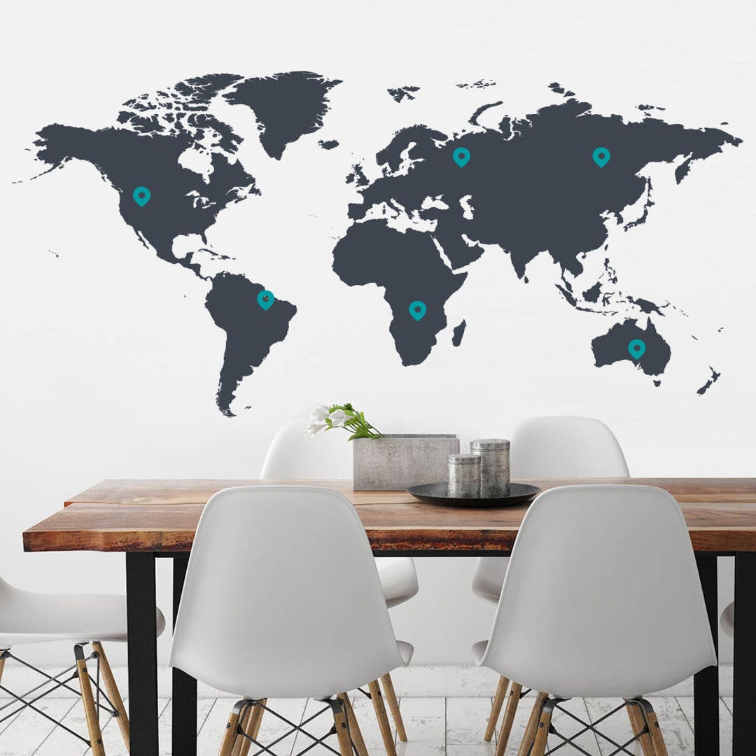 World Map and Pins Wall Decal - Travel Map Drop Pin Wall Sticker Set ...