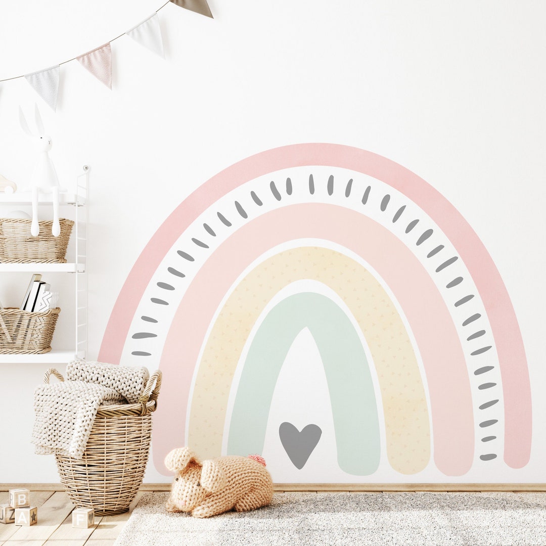 Boho Coral Peach Pink Rainbow // Pastel Rainbow Wall Mural Pink Sticker ...