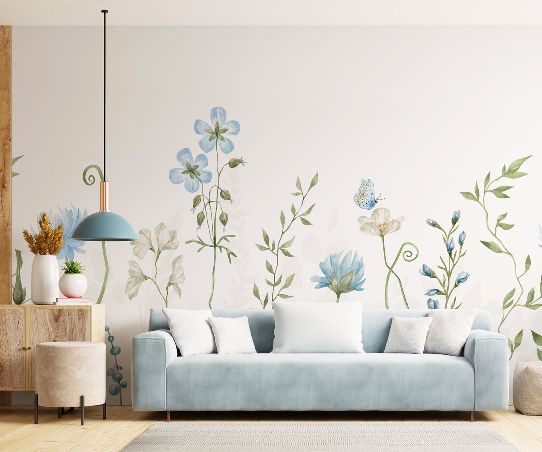 Spring Time Wall Mural, Traditional Wallpaper, Floral Wallpaper, Blue ...