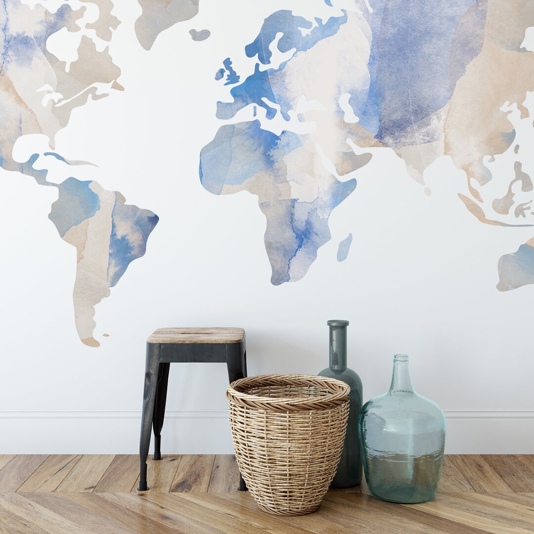 Watercolour World Map Wall Sticker, Modern Room Decor, Removable Vinyl ...