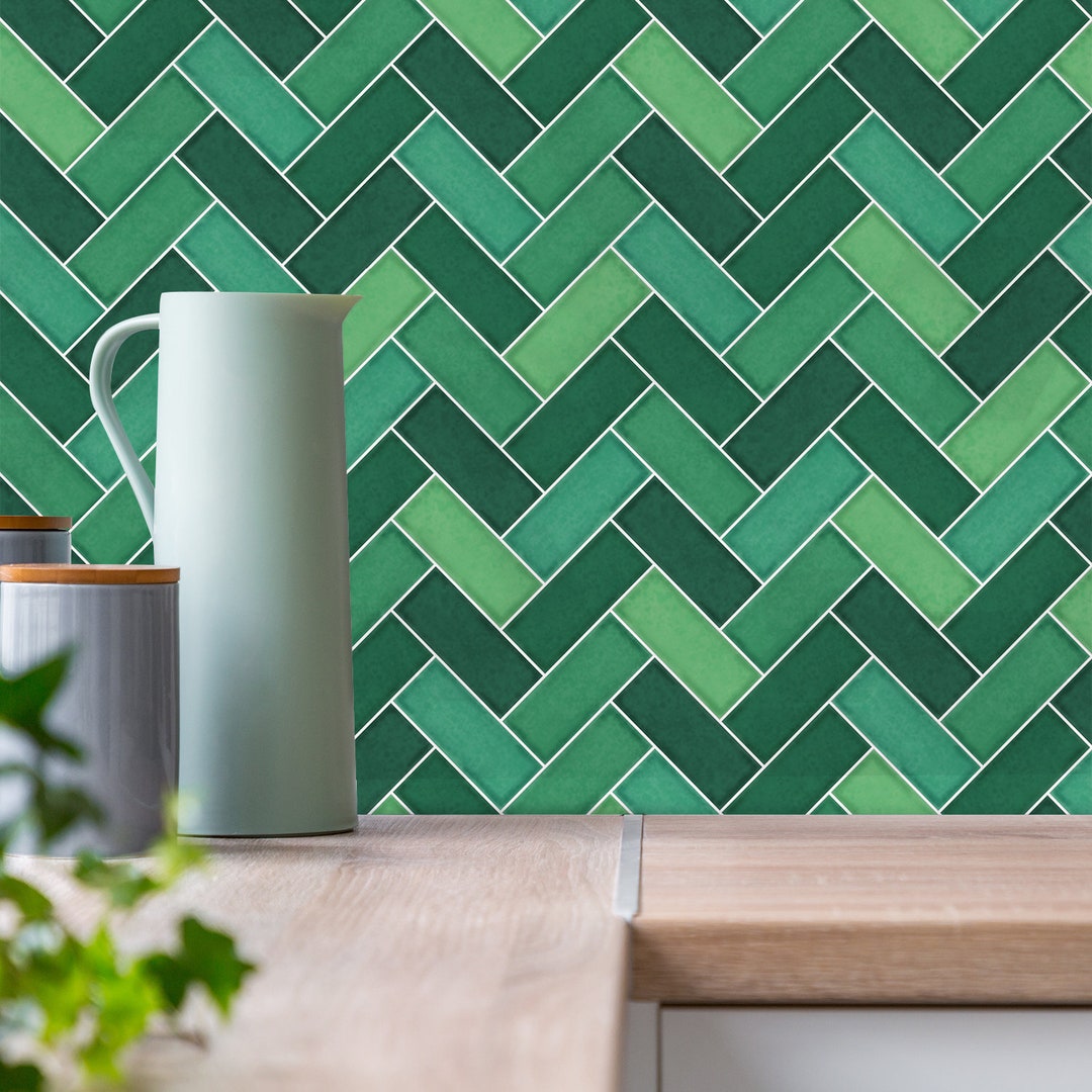 Herringbone Green Tiles Backsplash Peel and Stick in Roll - Wall Decor ...