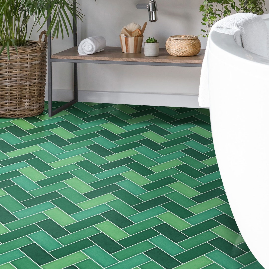 Herringbone Green Floor Tile Sticker Panel, Peel and Stick Decal, Vinyl ...