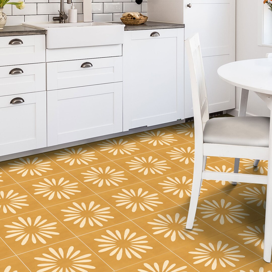 Boho Floral Mustard Floor Tile Sticker Panel, Peel and Stick Decal ...