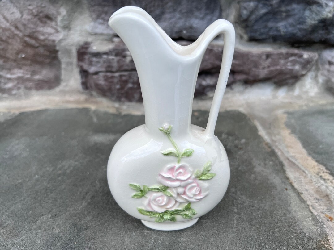 Vintage Ceramic Rose Bud Vase / Pink Roses / Small Pitcher Vase / Pink ...