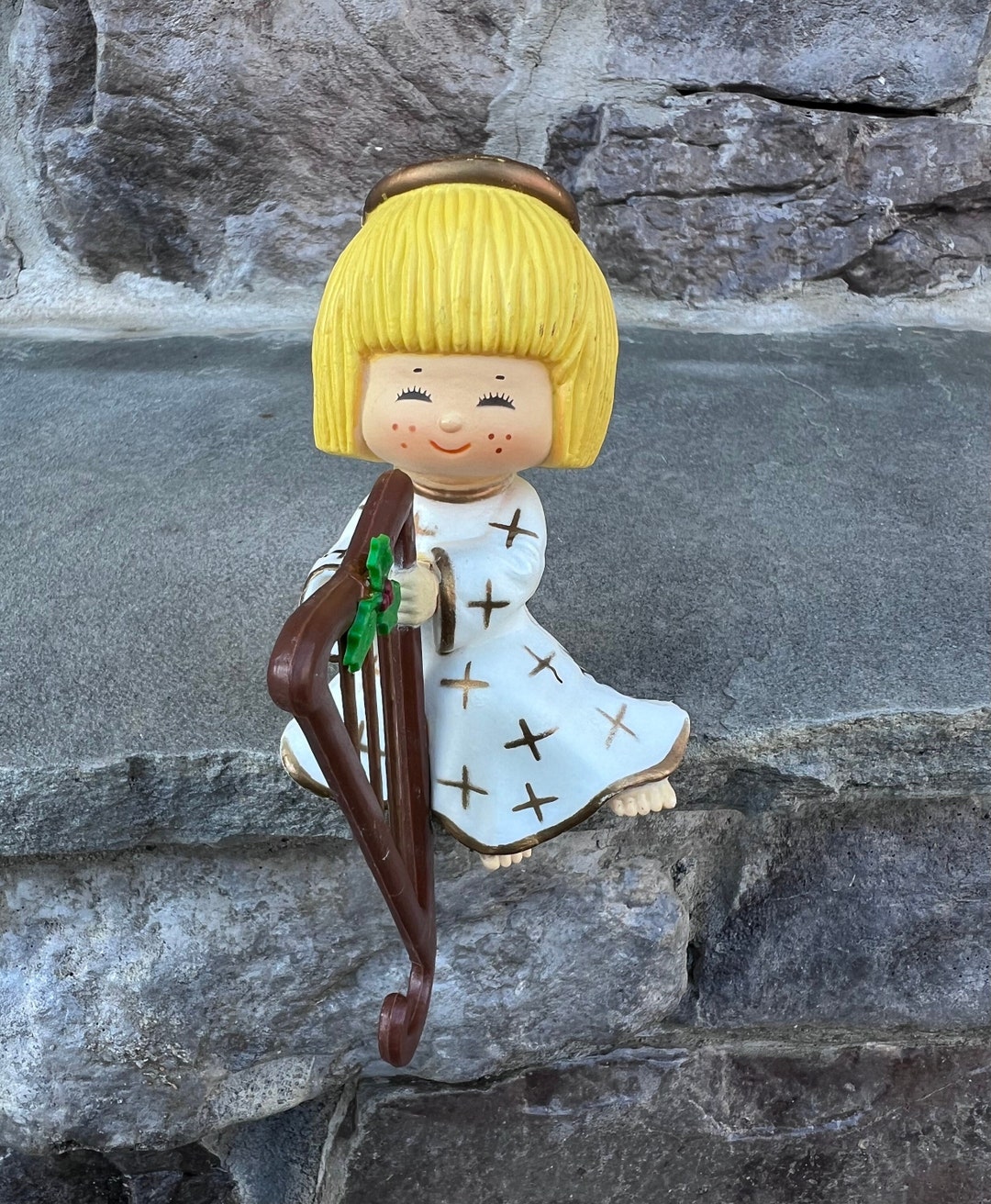 Vintage Angel Stocking Hanger / Shelf Sitter / Vintage Angel With Harp ...