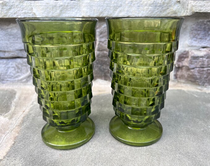 Vintage Green Whitehall Glasses Set Of 2 Ice Tea Glasses Indiana