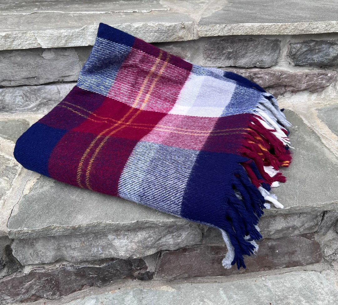 Vintage Faribo Maroon & Navy Plaid Throw / Made in USA / Stadium ...