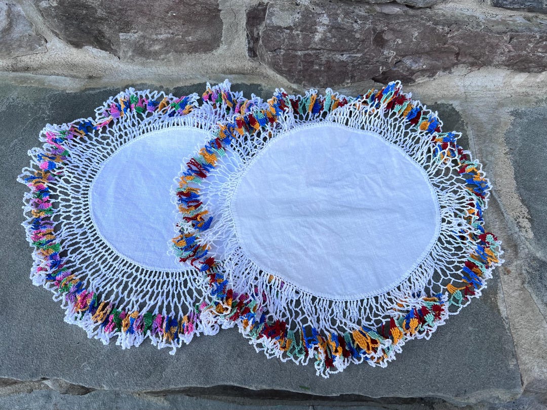 Pair Colorful Handmade Crochet Doilies / Pink / White / Rainbow / Retro ...
