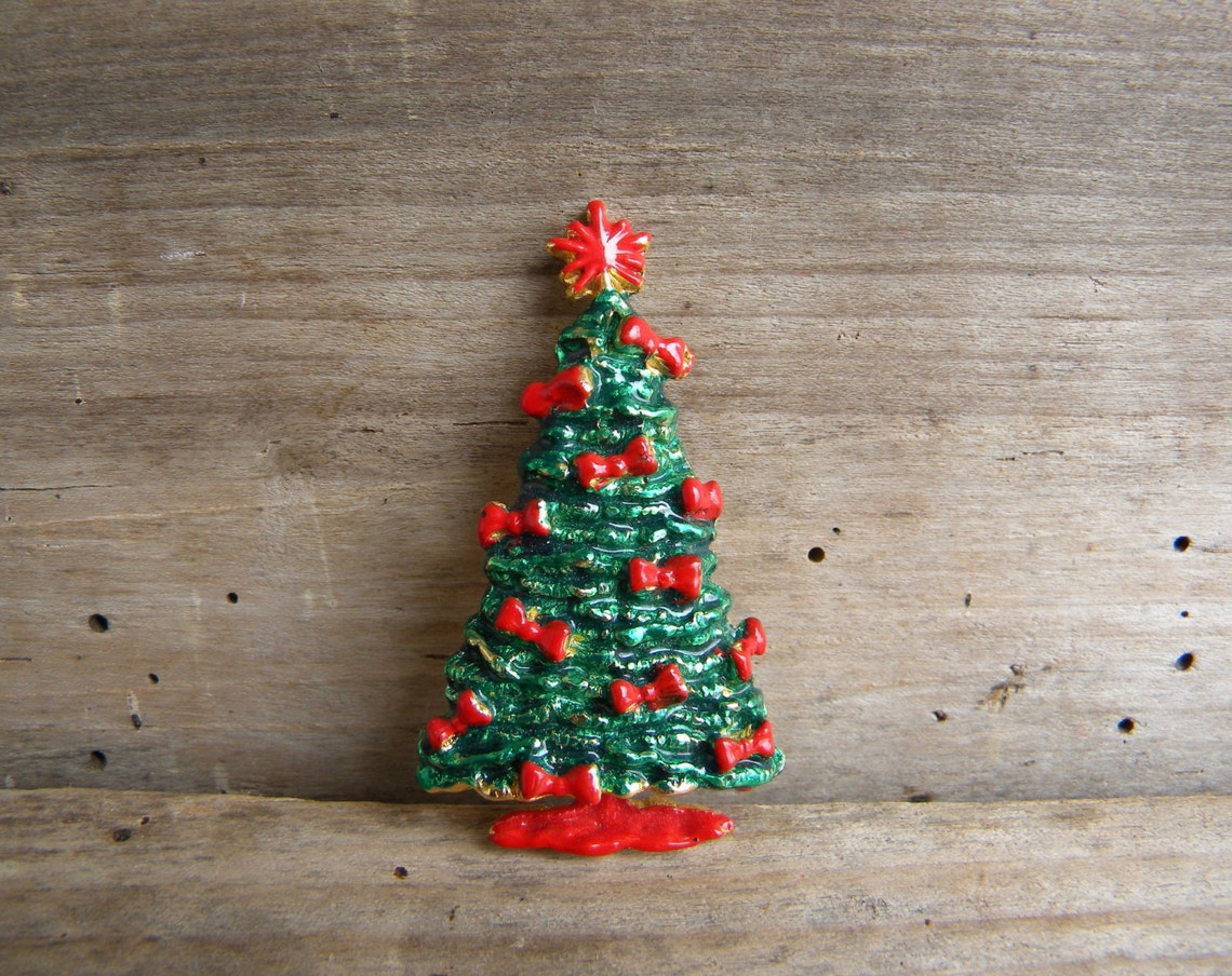 Vintage Christmas Tree Pin With Red Bows / Christmas Pin / - Etsy