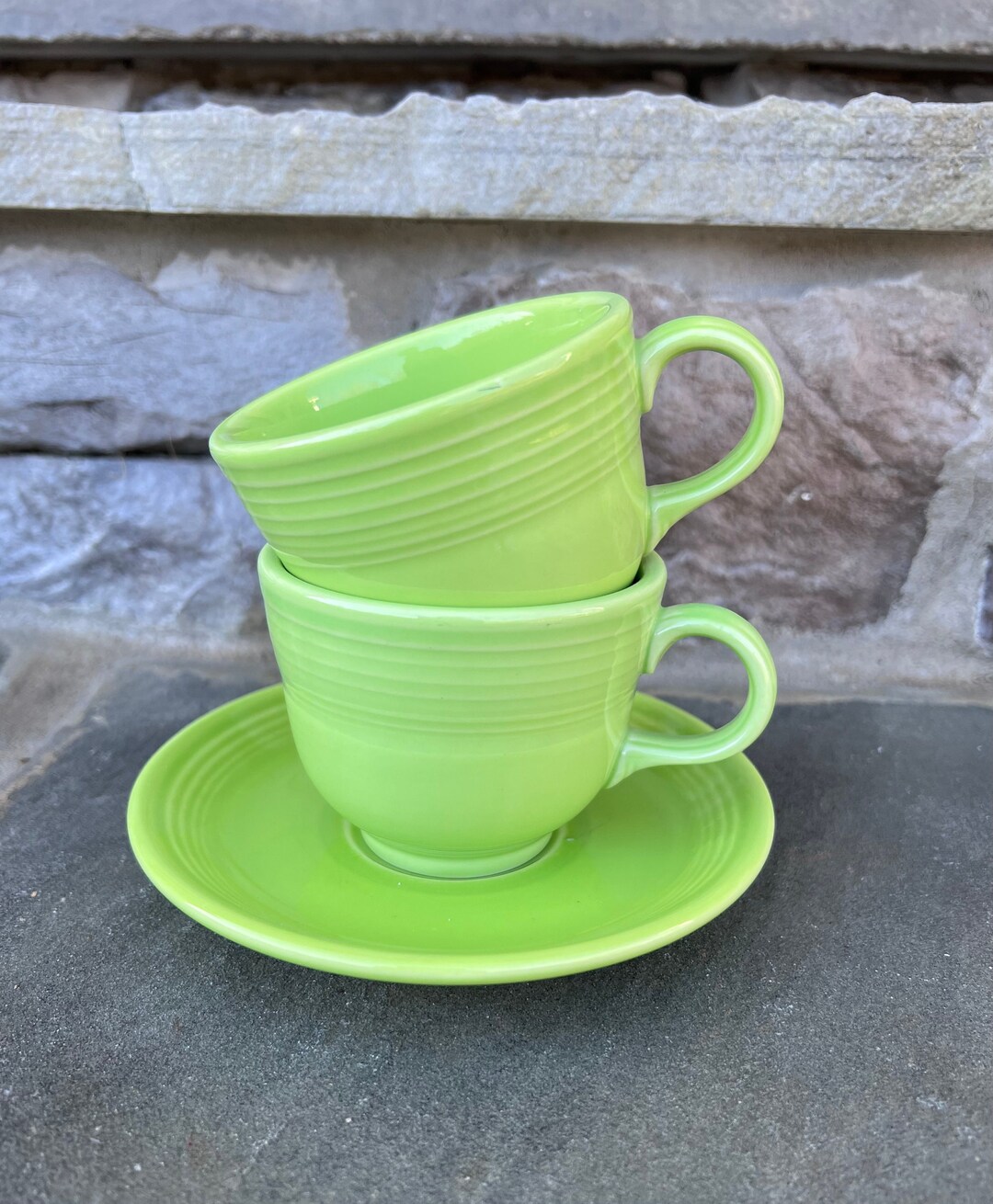 Fiesta Chartreuse 2 Flat Cups and 1 Saucer / Vintage Homer Laughlin Co ...
