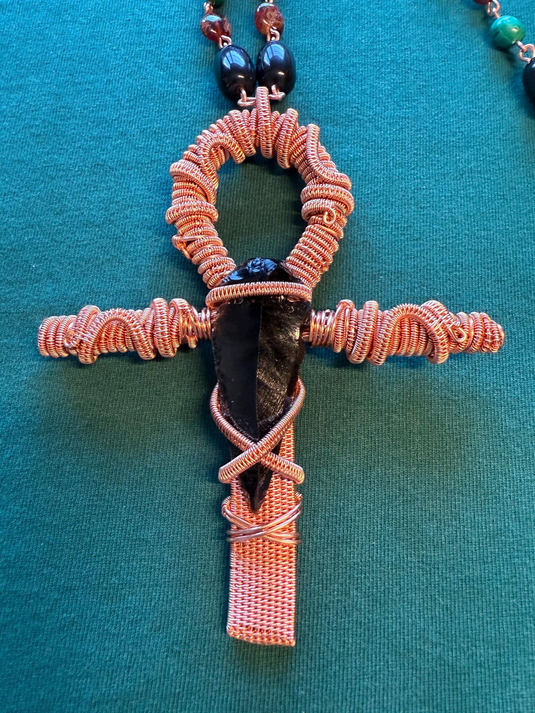 Handmade Copper Wire Ankh With Obsidian on Malachite, Garnet, and ...