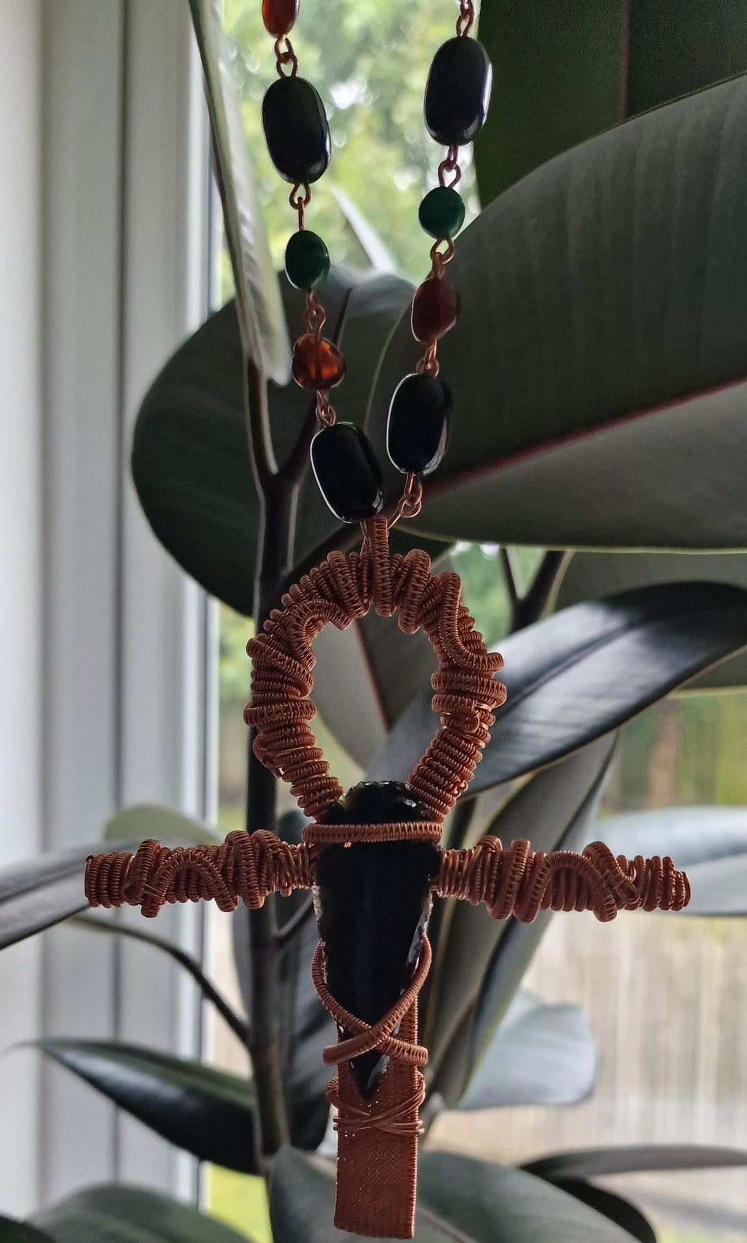 Handmade Copper Wire Ankh With Obsidian on Malachite, Garnet, and ...