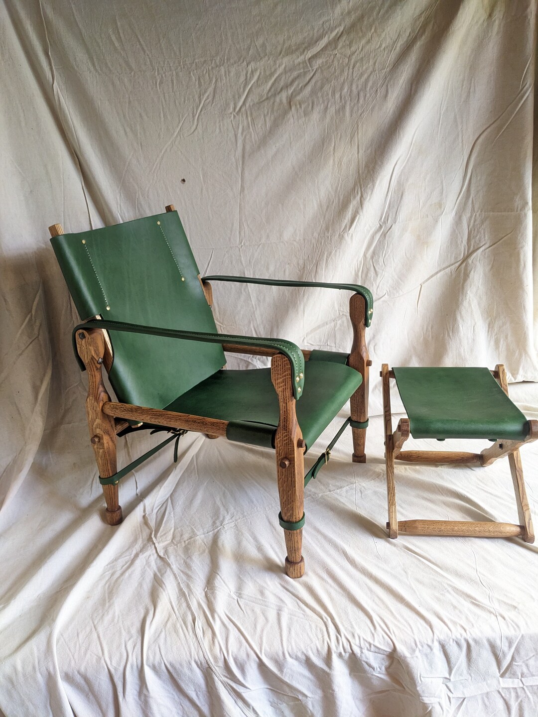 Roorkee Chair and Footstool Combo in Bridal Leather Green and White Oak ...