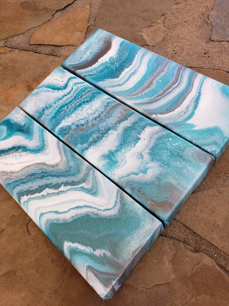 Set of Three Teal and Grey Acrylic Pour Paintings - Etsy