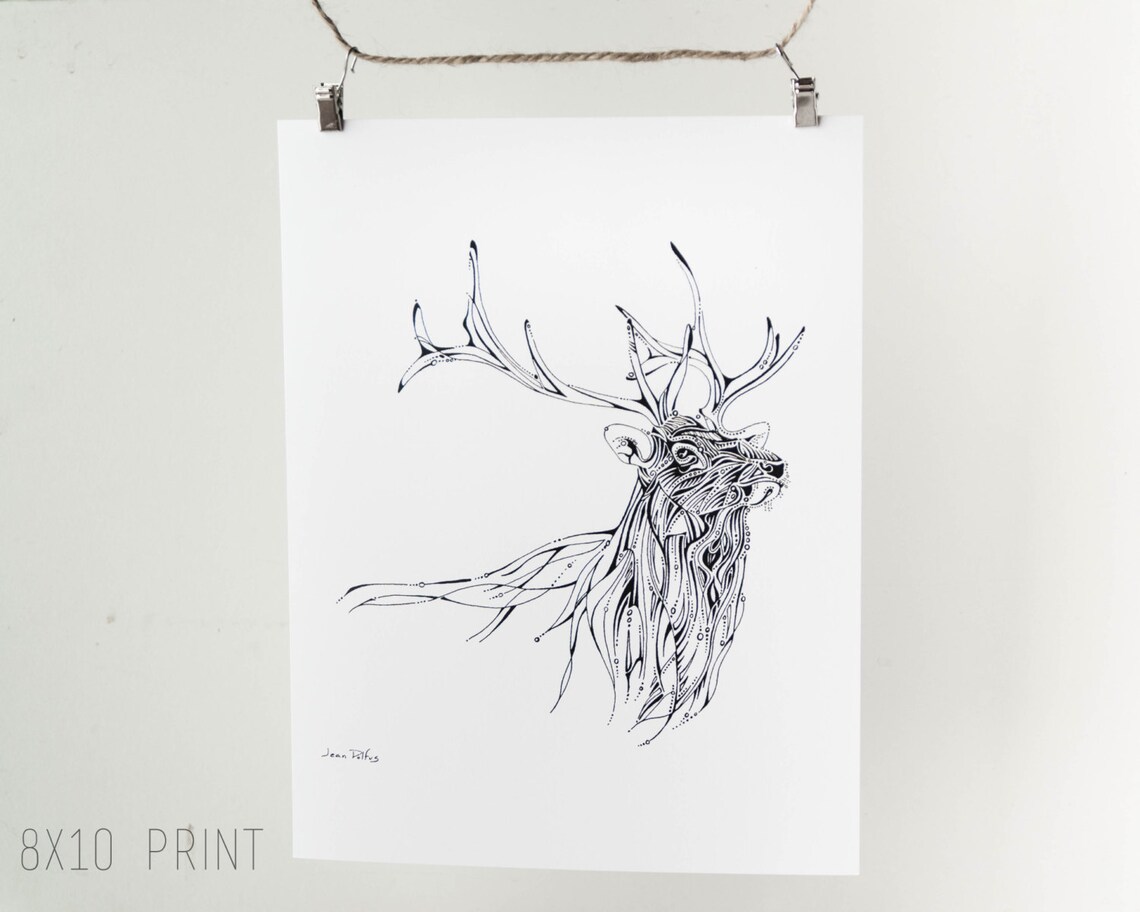 Elk Line Drawing, Elk Illustration, Wildlife Artwork, Unique Black and ...