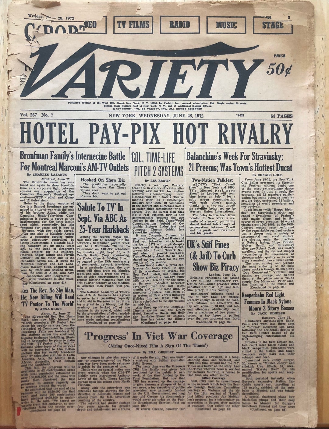 Vintage Variety Newspaper of the Arts Jun.28,1972 Memories in Film ...