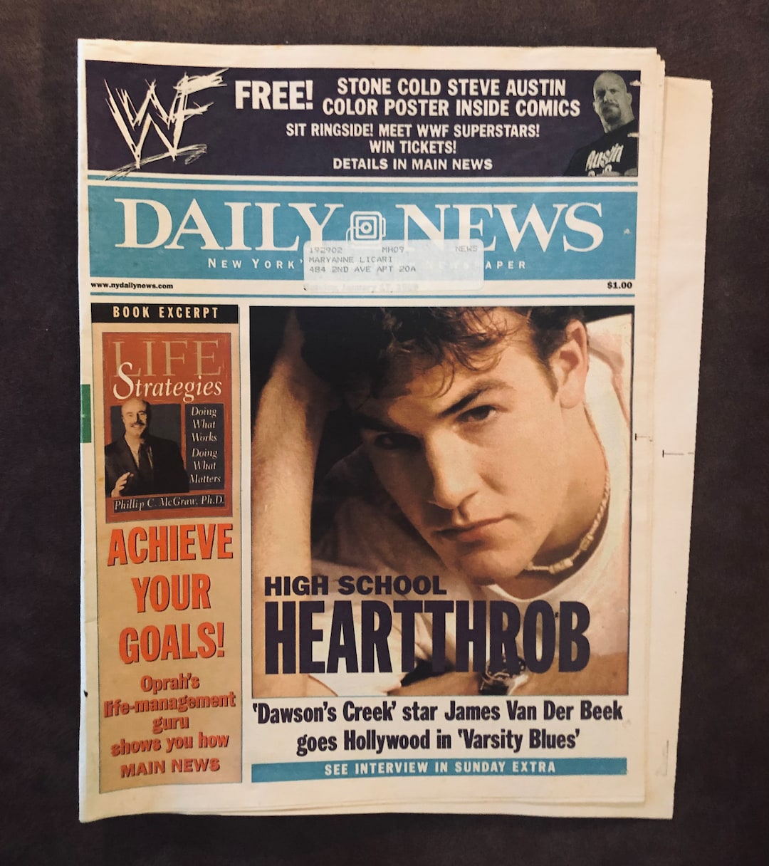 New York Daily News WWE Stone Cold Steve Austin Poster Jan.17,1999 A ...