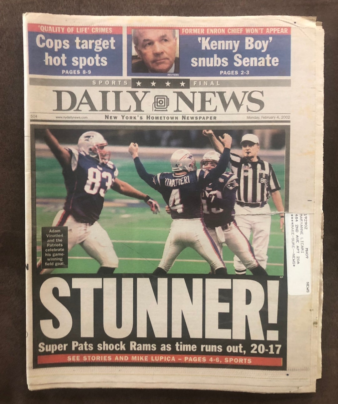 Rare NY Daily News Tom Brady Gives NE Patriots 1st Super Bowl Vs Rams ...