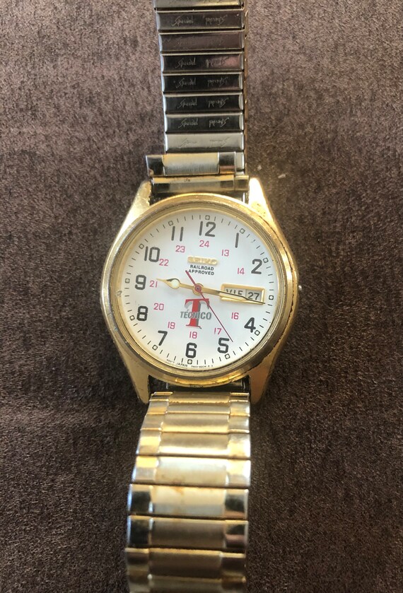Rare Vintage Ad Seiko Mens Watch Gold Tone Day Date 7… - Gem