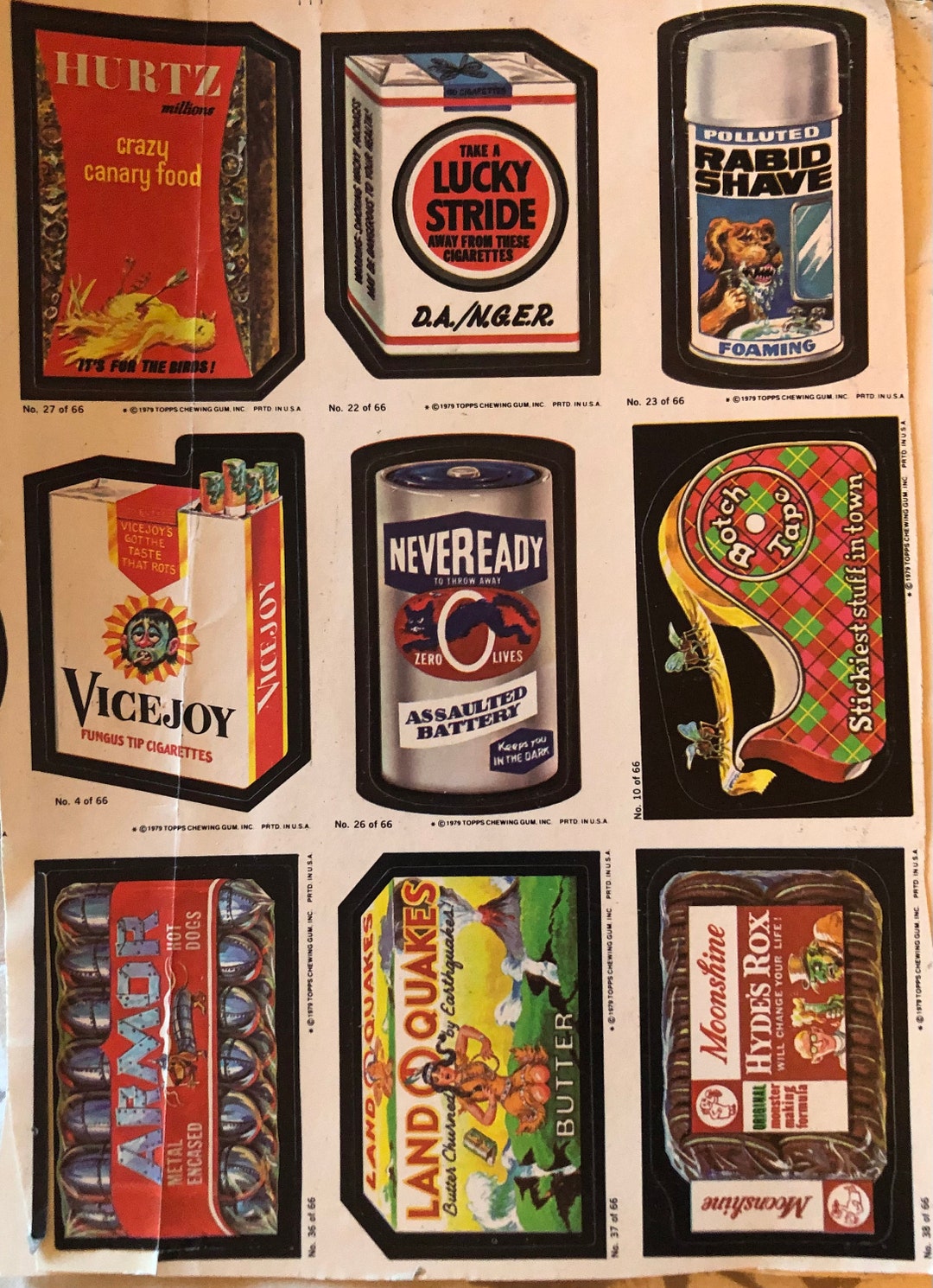 Sheet of 9 Vintage Topps Wacky Pack 1970s Stickers With Gadzooka Back ...