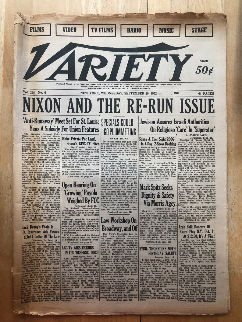 Vintage Variety Newspaper of the Arts Sep.20,1972 Memories in Film ...