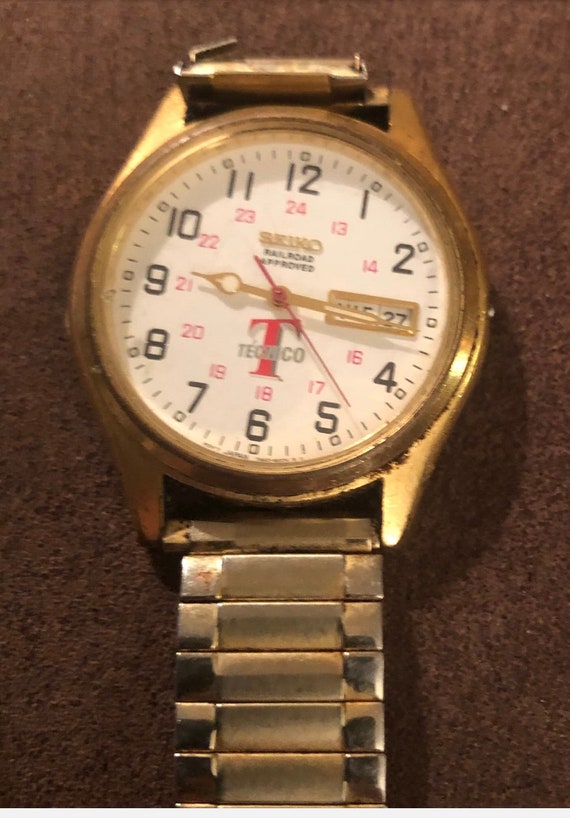 Rare Vintage Ad Seiko Mens Watch Gold Tone Day Date 7… - Gem