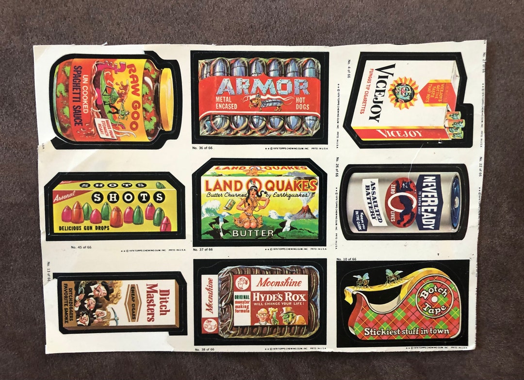 Sheet of 9 Vintage Topps Wacky Pack 1970s Stickers With Gadzooka Back ...