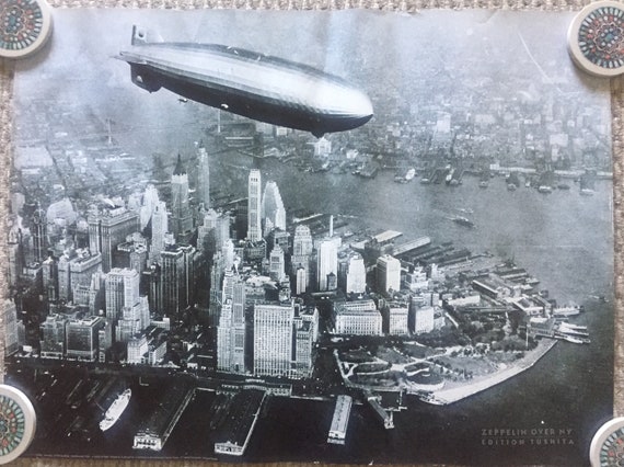 Vintage Zeppelin Over NY Black & White Poster Approx | Etsy