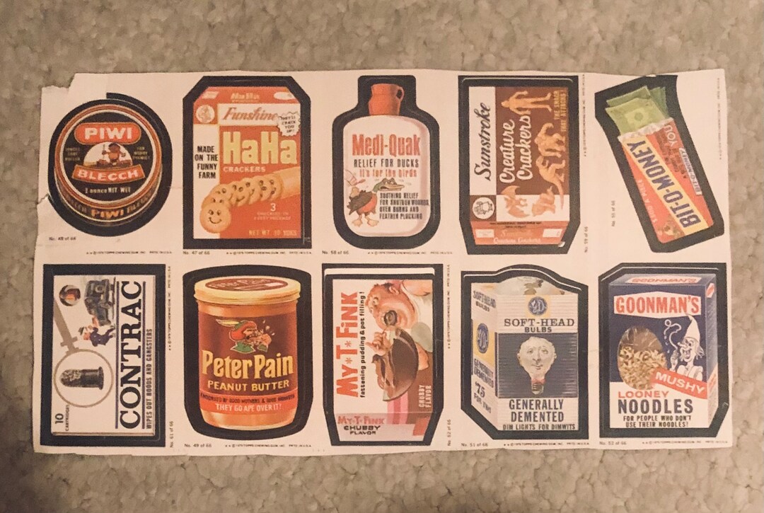 Sheet of 10 Vintage Topps Wacky Pack 1970s Stickers With Gadzooka Back ...