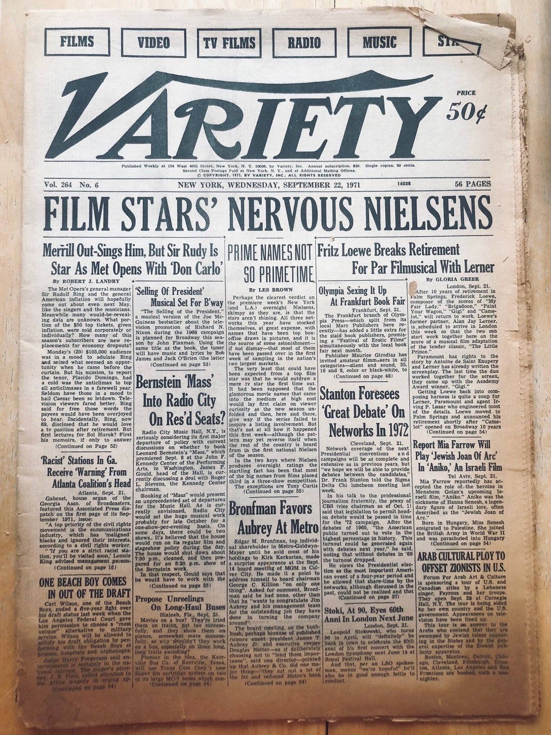 Vintage Variety Newspaper of the Arts Sep.22,1971 Memories in Film ...