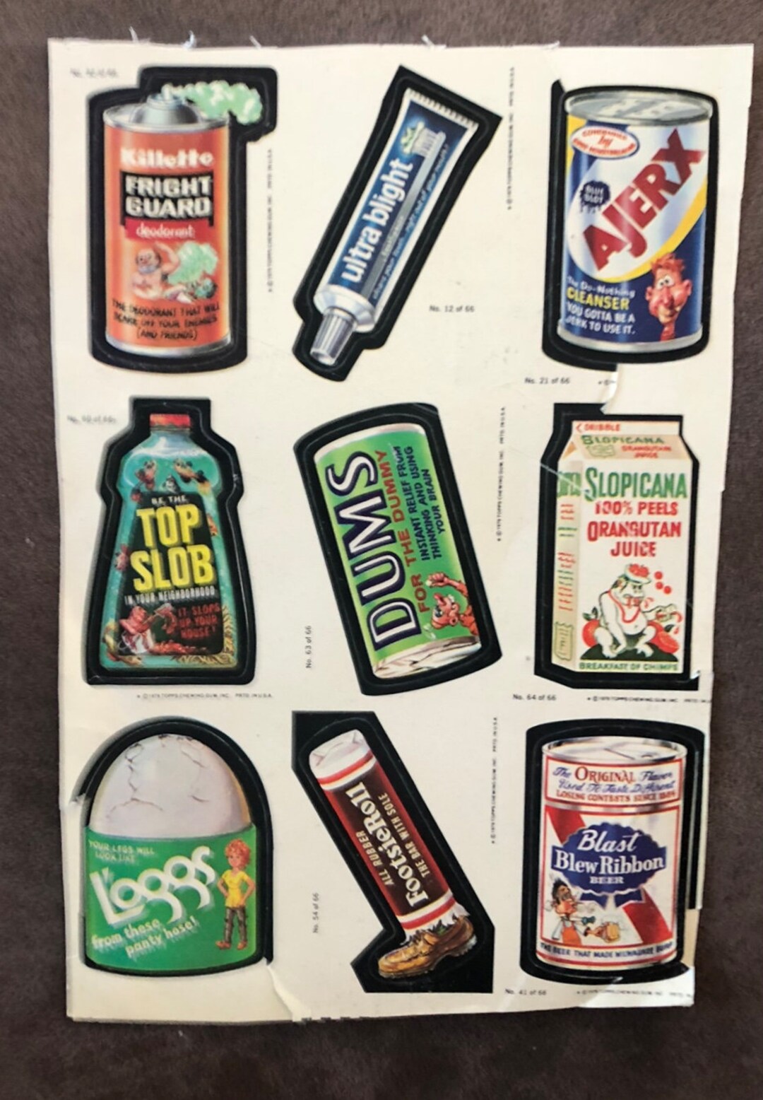 Sheet of 9 Vintage Topps Wacky Pack 1970s Stickers With Gadzooka Back ...
