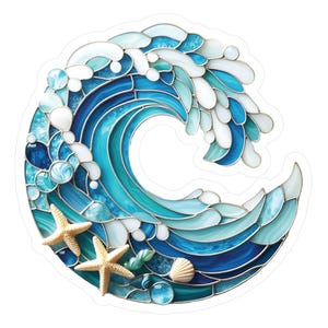 Stained Glass Ocean Wave Suncatcher Sticker Coastal Beach Decor With ...
