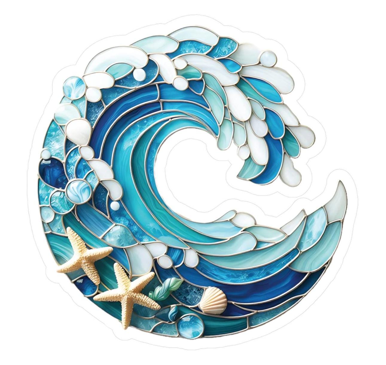 Stained Glass Ocean Wave Suncatcher Sticker Coastal Beach Decor With ...