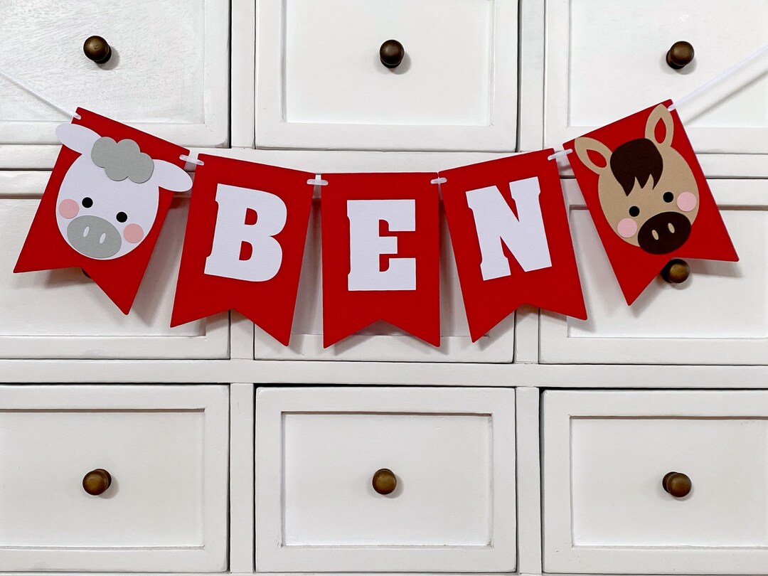 Farm Animals CUSTOM Name Banner in Red, Personalised. Cow, Sheep, Pig ...