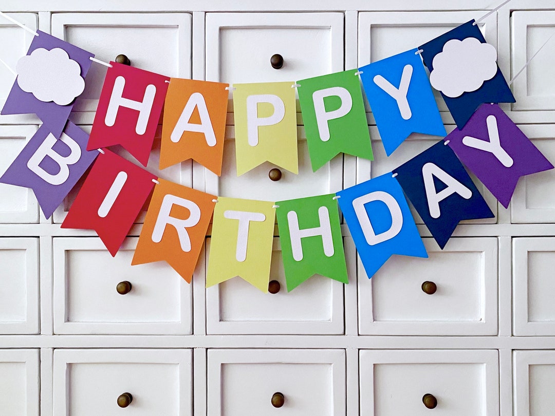 Rainbow Happy Birthday Banner With Clouds. 1st Birthday Party, Add ...