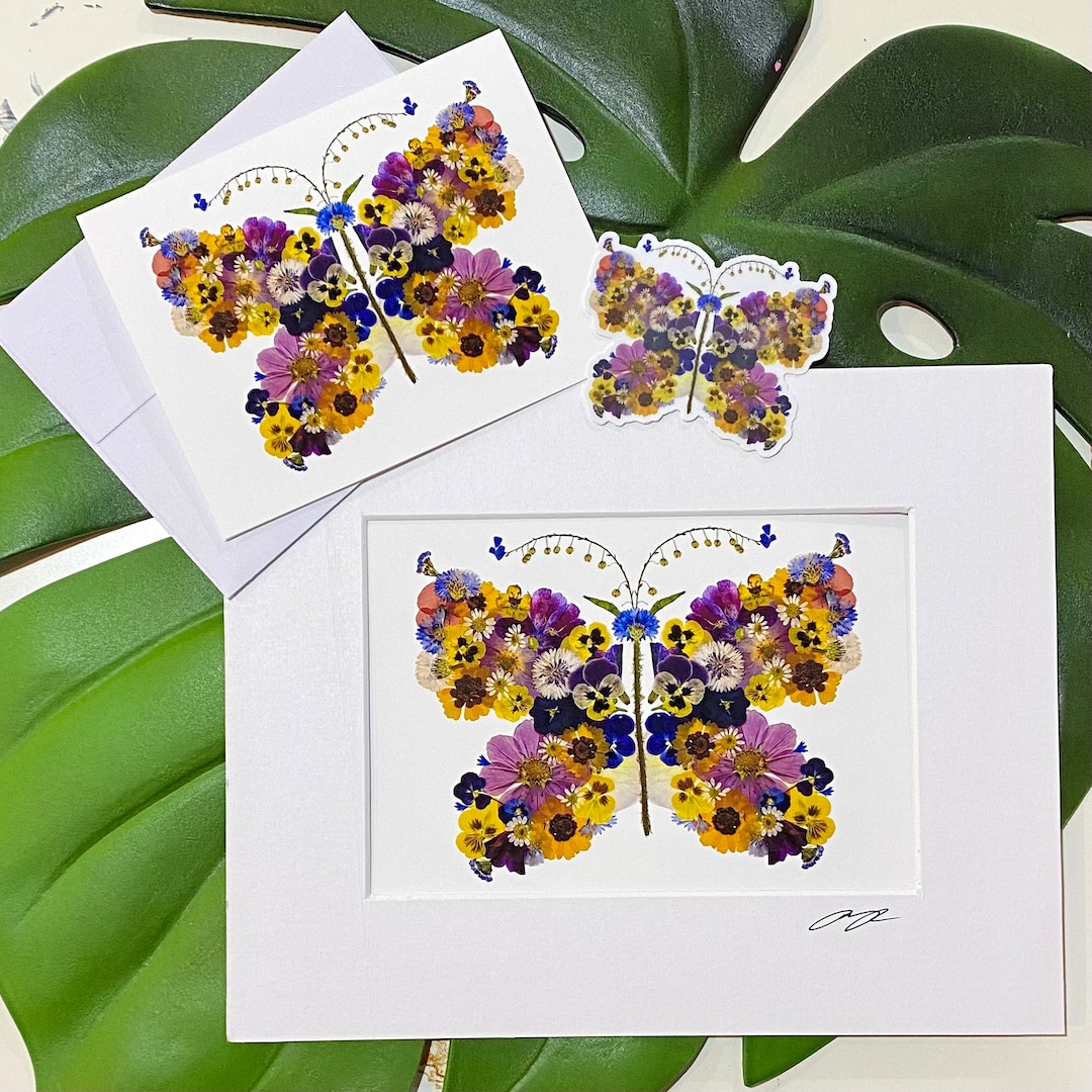 Pressed Flower Butterfly Art Print Card and Vinyl Sticker Set 5x7 ...