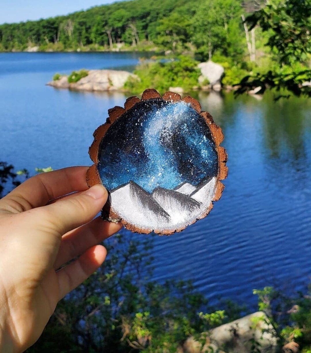 Galaxy Night Sky Mountain Hand Painted Wood Slice Ornament Wall Hanging ...