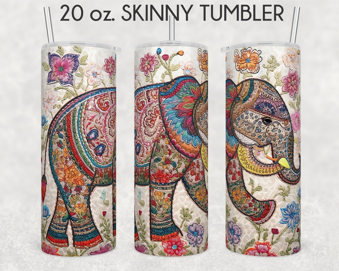 Elephant Tumbler, Elephant Cup, Elephant Lover Gift, Embroidered Look ...