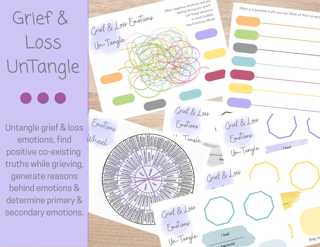 Grief and Loss Untangle Worksheets- 10 Digital, PDF, Emotions Wheel ...