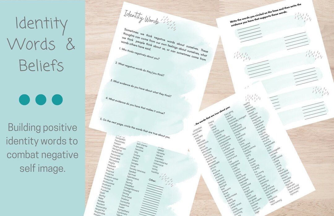 Identity Words and Beliefs: Includes 4 Digital PDF Printable Worksheets ...