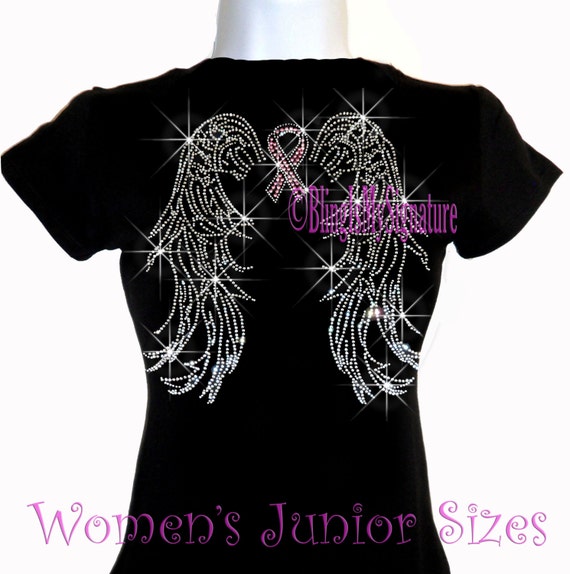 Angel Wings Shirt PINK RIBBON on Back Iron on Rhinestone - Etsy
