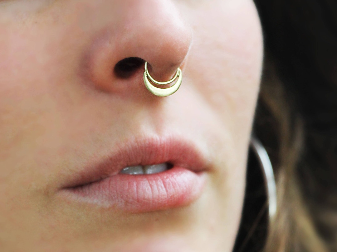 14k Gold Septum Ring, Moon Clicker Septum Ring, Half Moon Septum Piercing, Solid Gold Septum ...